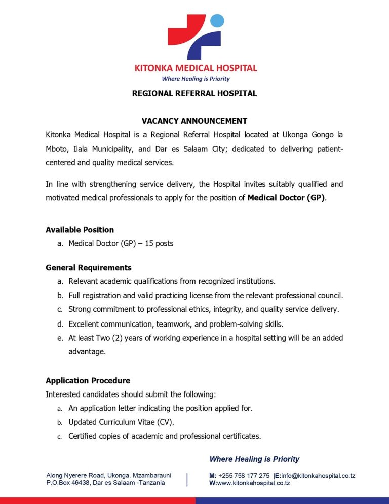15 Vacancies at Kitonka Medical Hospital