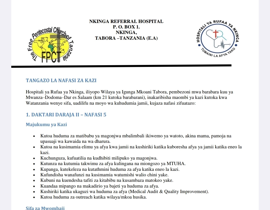 43 Vacancies at Nkinga RH