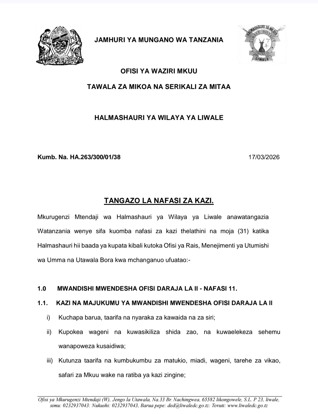 31 Vacancies at Liwale DC